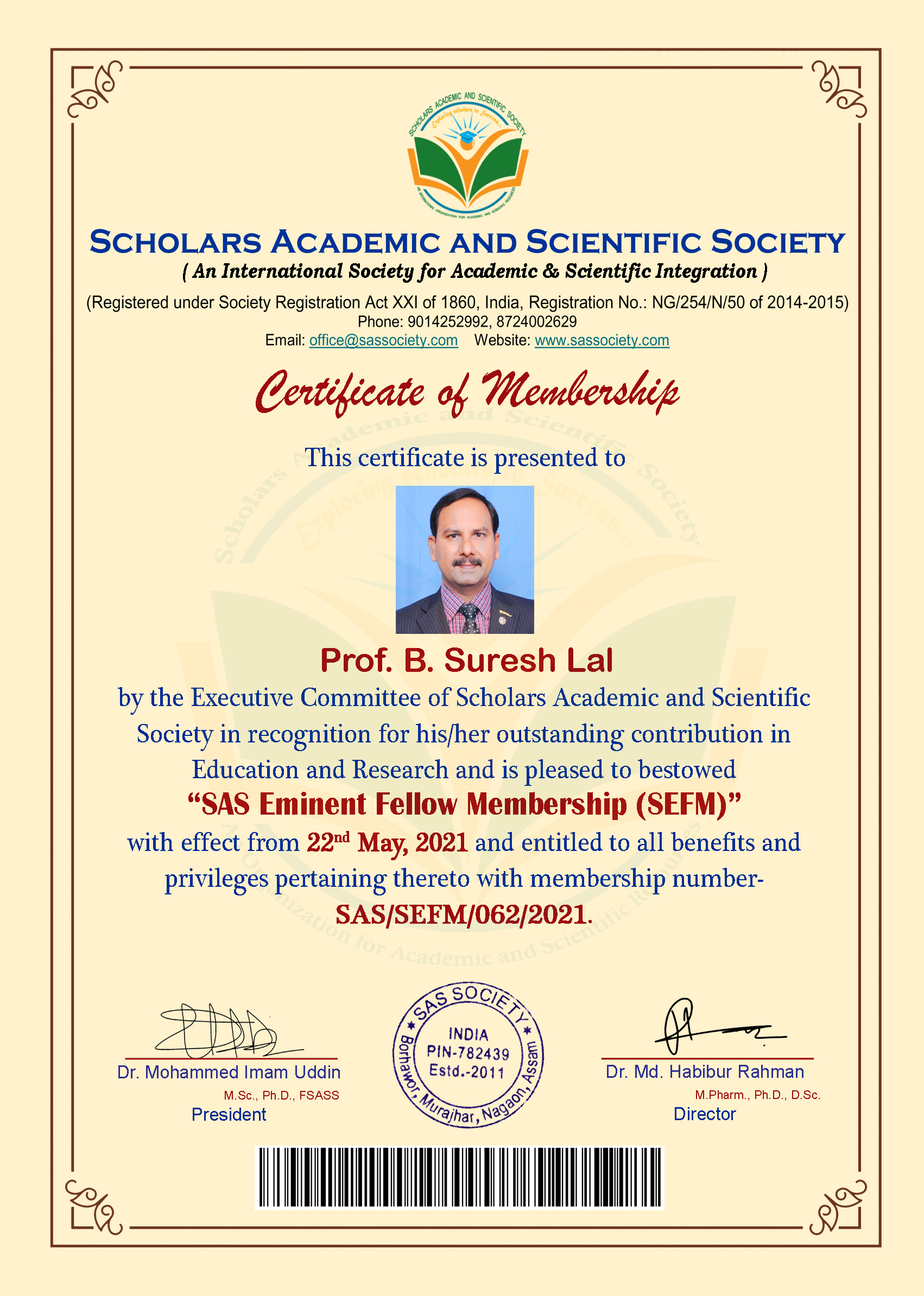 Eminent Fellow Membership – Scholars Academic and Scientific Society